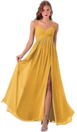 Generic Robe de demoiselle dhonneur en mousseline de soie avec poches et bretelles spaghetti et col en V avec fente, jaune moutarde, 34