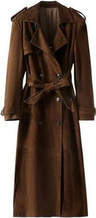 Generic Veste en daim v&eacute;ritable marron pour femme - Automne Hiver Peau dagneau Double Boutonnage Ceinture Revers Crant&eacute; Trench Coat Long, marron, L
