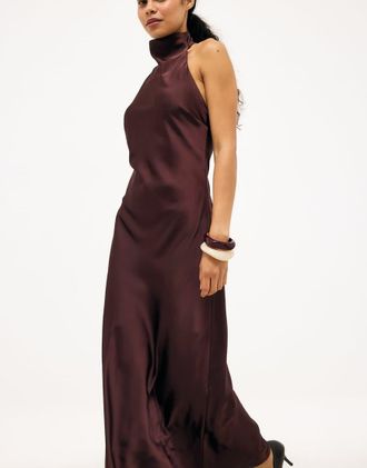 NA-KD Satin-Maxikleid mit Neckholder in Pflaume-Lila