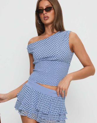 Princess Polly Ready To Party - Oberteil in Blau mit Polka Dots, asymmetrischer Schulterpartie und gesmoktem Bund, Kombiteil