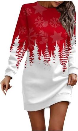 Generic Mini robe de Noël pour femme - Imprimé cerf de Noël - Automne et hiver - Grande taille - Col rond - Manches longues - Robe de vacances, rouge pastèque