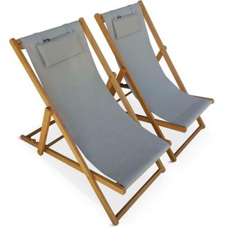 Sweeek Chiliennes bois - Creus - 2 transats en bois dEucalyptus huil&eacute; avec coussin repose-t&ecirc;te gris taupe