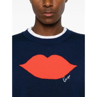 Kenzo Lips Intarsia Short-Sleeved Wool-Blend Knit Sweater - Navy