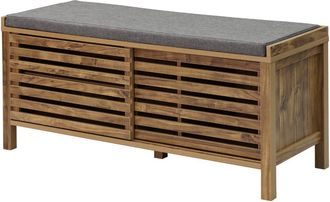 Calicosy Schuhbank mit 2 Schiebet&uuml;ren mit durchbrochenen Lamellen - Kissen aus grauem Leinen - F&uuml;&szlig;e aus Holz & Holzdekor - Kollektion Liam - Eingangsbereich, S