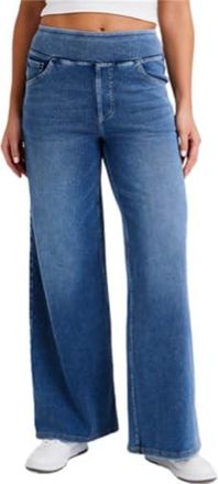 Generic Jean d&eacute;contract&eacute; &agrave; jambe large pour femme - Taille haute - &Eacute;lastique - &Eacute;vas&eacute; - Extensible - &Agrave; enfiler - Pantalon long et droit avec poche, bleu, M