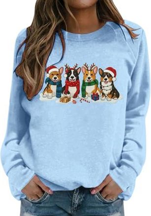 Generic Chandails de Noël pour femmes, col rond, imprimé de Noël amusant, coupe ample, confortable, mignon, tenues tendance 2025, C- Bleu clair, XXL