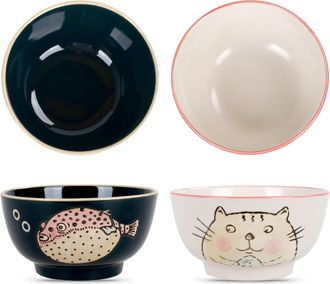 Coolchange S&uuml;&szlig;es Japanisches Reissch&uuml;ssel Set | Handbemalt | 2 Stk. | Asiatische Essschalen | Dekor: Katze & Fisch