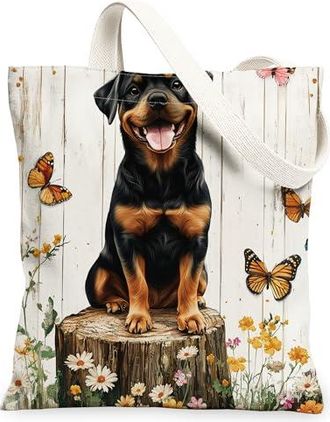 Generic Spring Rottweilers Sac fourre-tout en toile r&eacute;utilisable pour faire du shopping 33 x 38,1 cm, motif souche de bois floral, sac d&eacute;picerie r&eacute;utilisable 