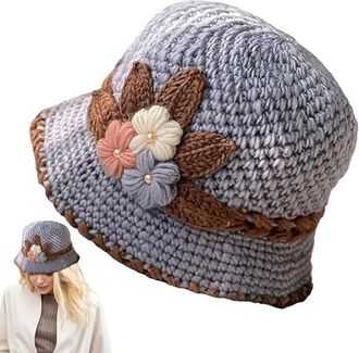 Generic Chapeau en laine tricotée à fleurs pour femme - Chapeaux en tricot chaud et coupe-vent pour femme | Chapeau en laine tricotée à motif floral dautomne 