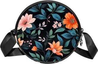 Generic Petit sac &agrave; bandouli&egrave;re circulaire pour femme, motif feuilles florales, sac &agrave; dos avec fermeture &eacute;clair, bretelles r&eacute;glables, sac &agrave; main rond d&eacute;contra