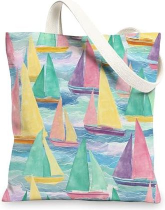 Generic Sacs fourre-tout en toile à voile, motif bateau coloré, sacs dépicerie, sacs dépicerie amusants, nautiques chics, légers, lavables à lépaule Stra, mul