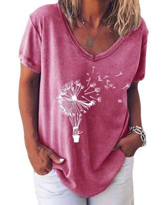 Minetom Damen Sommer Kurzarm Blusen T-Shirt V-Ausschnitte Loose Oversize Shirt Einfarbig Casual Brief Bedruckt Asymmetrisch Oberteile Top G Rosa 50