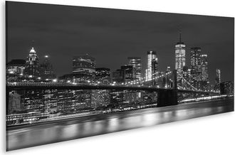 Islandburner Bild auf Leinwand Brooklyn Bridge und Downtown Wolkenkratzer in New York Schwarz und Weiß 120x 40cm - Wandbild Poster Kunstdruck Bilder