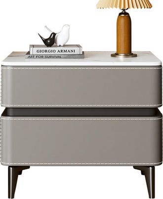 Generic Nachttisch Aus Leder - Luxuriöser Nachttisch Aus Massivholz Mit 2 Schubladen, Schieferplatte Und Goldenen Edelstahlhalterungen, Minimalistischer Moder