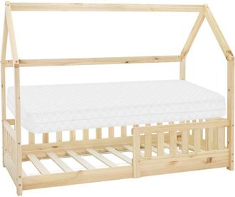ML Design ML-Design Lit Cabane Enfant 80x160 cm Naturel avec Matelas, Protection Contre la Chute, Toit et Sommier &agrave; Lattes, en Bois de Pin Massif, Style