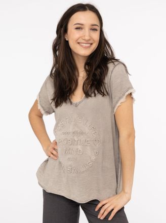 Zwillingsherz T-Shirt ZWILLINGSHERZ Positive Mind, Damen, Gr. L/XL, fango, Stoff, Obermaterial: 100% Baumwolle, h&uuml;ftbedeckend, V-Ausschnitt, Shirts T-Shirt, V-Aussc
