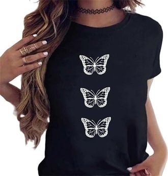 Keephen Papillon avec Fleurs T-Shirt Femmes Esth&eacute;tique Papillon Impression 3D T-Shirt Manches Courtes Col Rond Streetwear Dames &Eacute;t&eacute; Mignon Tops