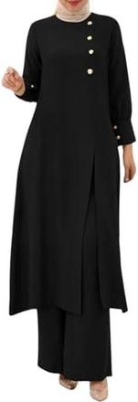 QWUVEDS Ensemble musulman 2 pièces pour femme, tendance, élégant, couleur unie, irrégulière, chemise longue, haut à jambes larges, pantalon, robe pour femme, 