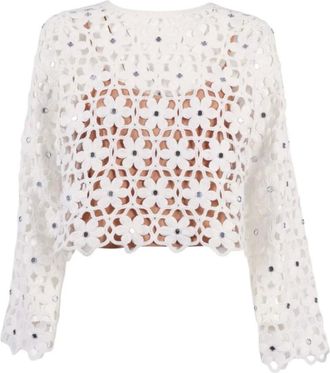 Michael Kors Femme, Blouses et Chemises, Blanc, Taille: 40 FR Haut Crochet Floral Orn&eacute; de Miroirs
