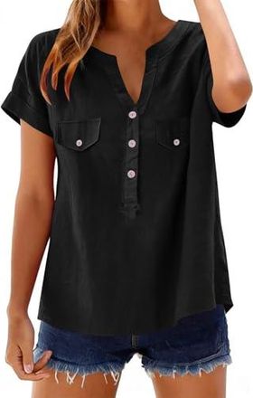 Generic T-shirt en gaze pour femme - Col Henley boutonn&eacute; - Manches courtes - Couleur unie - Chemisier d&eacute;contract&eacute; tendance - Col en V - Coupe ample avec deux 