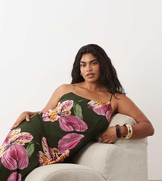Vero Moda Curve Maxi-Tr&auml;gerkleid in Olivgr&uuml;n mit gro&szlig;em Blumenmuster