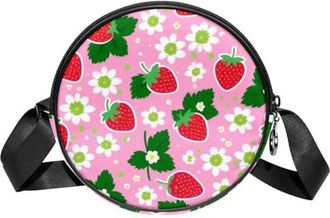 Generic Sac &agrave; bandouli&egrave;re rond pour femme, motif fraises, fleurs, petit sac &agrave; bandouli&egrave;re avec fermeture &eacute;clair, bretelles r&eacute;glables, sac &agrave; main rond d&eacute;contra