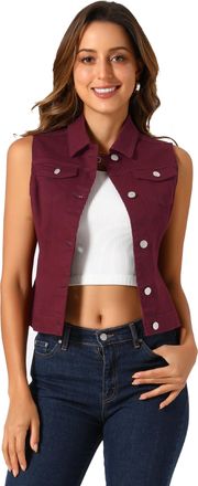 Allegra K Damen Jeansweste &Auml;rmellos Knopfleiste Sommer Denim Revers Jacke Westen mit Taschen Dunkelrot XL