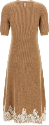 Alberta Ferretti Lace-Trimmed Ribbed Knit Dress - Camel