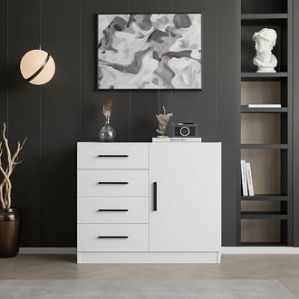 Dmora Sideboard Terebellum 90x47x85 cm Wei&szlig; 4 Schubladen, 1 T&uuml;r