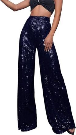 Generic Pantalon palazzo &agrave; paillettes taille haute pour femme, pantalon long pour f&ecirc;te, club, leggings larges, noir fonc&eacute;, 3XL