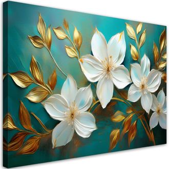 Feeby Leinwandbild - Bilder Wohnzimmer - Wei&szlig;e Blumen Goldbl&auml;tter T&uuml;rkis - 60x40 1tlg - Deko Schlafzimmer - Wanddekoration - Aesthetic - Gro&szlig; Moderne Bild -