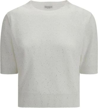 Brunello Cucinelli Femme, Pulls, Blanc, Taille: 40 FR SweaT-shirt ras du cou en coton avec poignets c&ocirc;tel&eacute;s