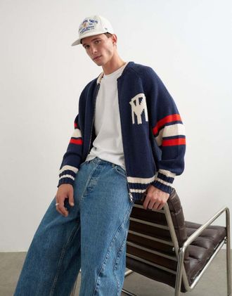 Topman gilet varsity en maille &eacute;paisse coupe relaxed bleu marine-Multi