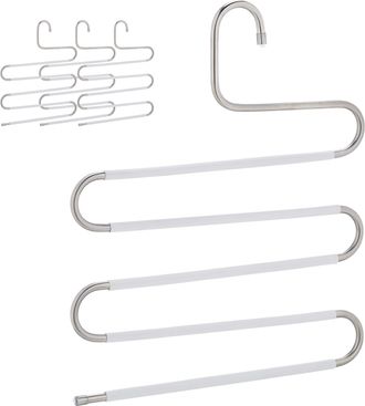 Relaxdays Mehrfach Hosenb&uuml;gel, 4er Set, S-Form, 5 Stangen, rutschfest, platzsparende Multib&uuml;gel, Metall, Silber/wei&szlig;