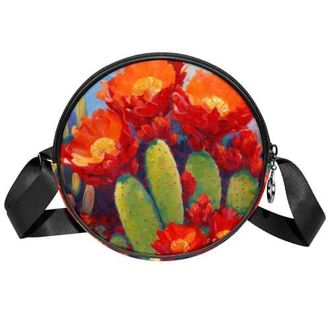 Generic Sac &agrave; bandouli&egrave;re rond pour femme, motif cactus rouge, petit sac &agrave; bandouli&egrave;re avec fermeture &eacute;clair, bretelles r&eacute;glables, sac &agrave; main rond d&eacute;contract&eacute;