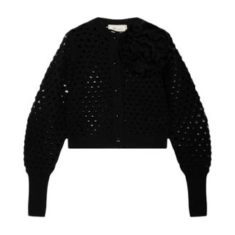 Blumarine Cardigan en laine ajour&eacute; avec rose 3D - Femme - Pulls - Noir - Taille: 36 FR