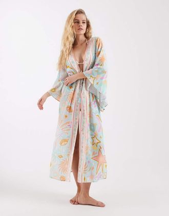 Never Fully Dressed Maxi-Strandkimono in Blau mit Sonnenmotiven-Orange