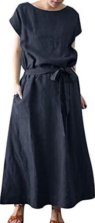 Generic Huttam Robe pour Mariage invit&eacute; Femme Dames Printemps &eacute;t&eacute; et Automne Couleur Unie Mode Ample boh&egrave;me Manches Courtes col Rond Couleur Unie Coton et Lin