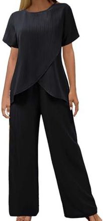 Generic Ensemble deux pi&egrave;ces pour femme - Col rond - Chemise crois&eacute;e - Pantalon large - Tenue d&eacute;t&eacute; - Vacances essentielles, Noir, XL