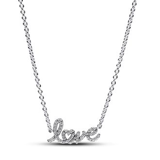 Pandora Moments Funkelnde Handgeschriebenes Love Collier-Halskette aus Sterling Silber mit Zirkonia, Länge: 45cm, 393076C01-45
