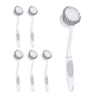 Relaxdays Sp&uuml;lb&uuml;rste 6er Set, mittelharte Borsten, Griff gummiert, Kunststoff, K&uuml;chenb&uuml;rste zum Aufh&auml;ngen, wei&szlig;/grau