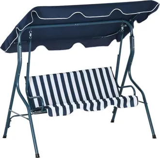 OUTSUNNY Balancelle de jardin 3 places coussins assise dossier bleu blanc ray&eacute;
