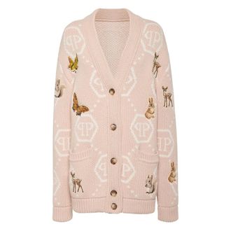 Philipp Plein Femme, Pulls, Beige, Taille: 42 FR Long Cardigan Oversize avec Broderie de F&eacute;es