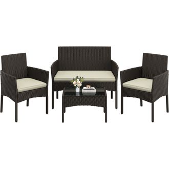 Yaheetech 4-er Gartenm&ouml;bel Set Balkonm&ouml;bel Set aus Polyrattan Terassenm&ouml;bel Au&szlig;en mit 2er Sofa, 2 St&uuml;hle, Tisch & Sitzkissen f&uuml;r Terrasse/Balkon/Garten, Braun &