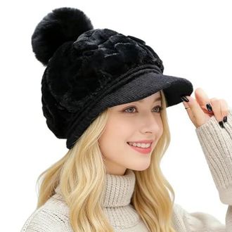 Generic Bonnets dhiver pour femmes - Couvre-chef chaud avec pompon, chapeaux chauds avec bord - pour femmes et filles pour la marche quotidienne, les trajets 