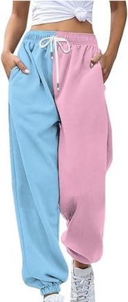 Generic Pantalon de jogging &agrave; jambe large pour femme, taille haute, jambe droite, taille &eacute;lastique, pantalon bicolore, pantalon de surv&ecirc;tement baggy respirant