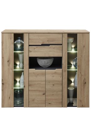 CARRYHOME Highboard, Graphit, Eiche Artisan, Glas, Holzwerkstoff, 8 F&auml;cher, 2 Schublade(n) Schubladen, 145x127x38 cm, Wohnzimmer, Kommoden & Sideboards, Highboa