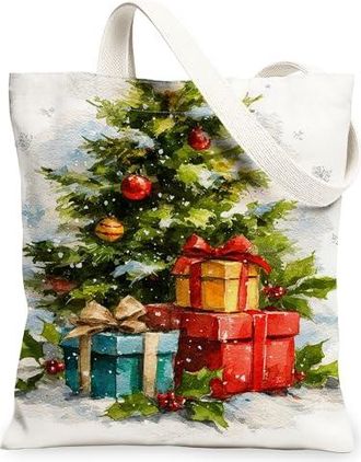 Generic Sacs fourre-tout en toile de No&euml;l, sacs r&eacute;utilisables, color&eacute;s, amusants, l&eacute;gers, lavables avec bandouli&egrave;re, Blanc, 13x15 Inch