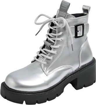 Generic Bottines de combat à lacets avec fermeture éclair latérale en cuir synthétique pour femme - Talon épais - Semelle crantée - Pour fête quotidienne, Arg
