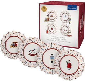 Villeroy & Boch Toys Delight Jubil&auml;ums-Teller Set 4 Teilig Bunt, Weihnachten, Teller Set f&uuml;r 4 Personen, Essteller, Fr&uuml;hst&uuml;cksteller, Weihnachtsmotiv, Weihnachtsgesch